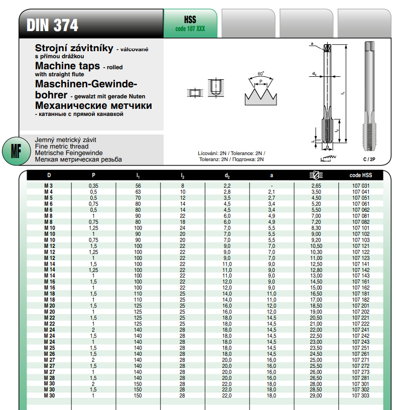 Купить метчик машинный HSS, Bucovice DIN 374, мелкая метрическая резьба ...