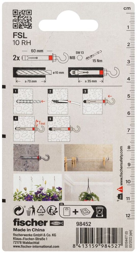 Купить анкер втулочный с крюком fsl 10 rh k fischer 098452, оцинкованная сталь, 2 штуки в ...